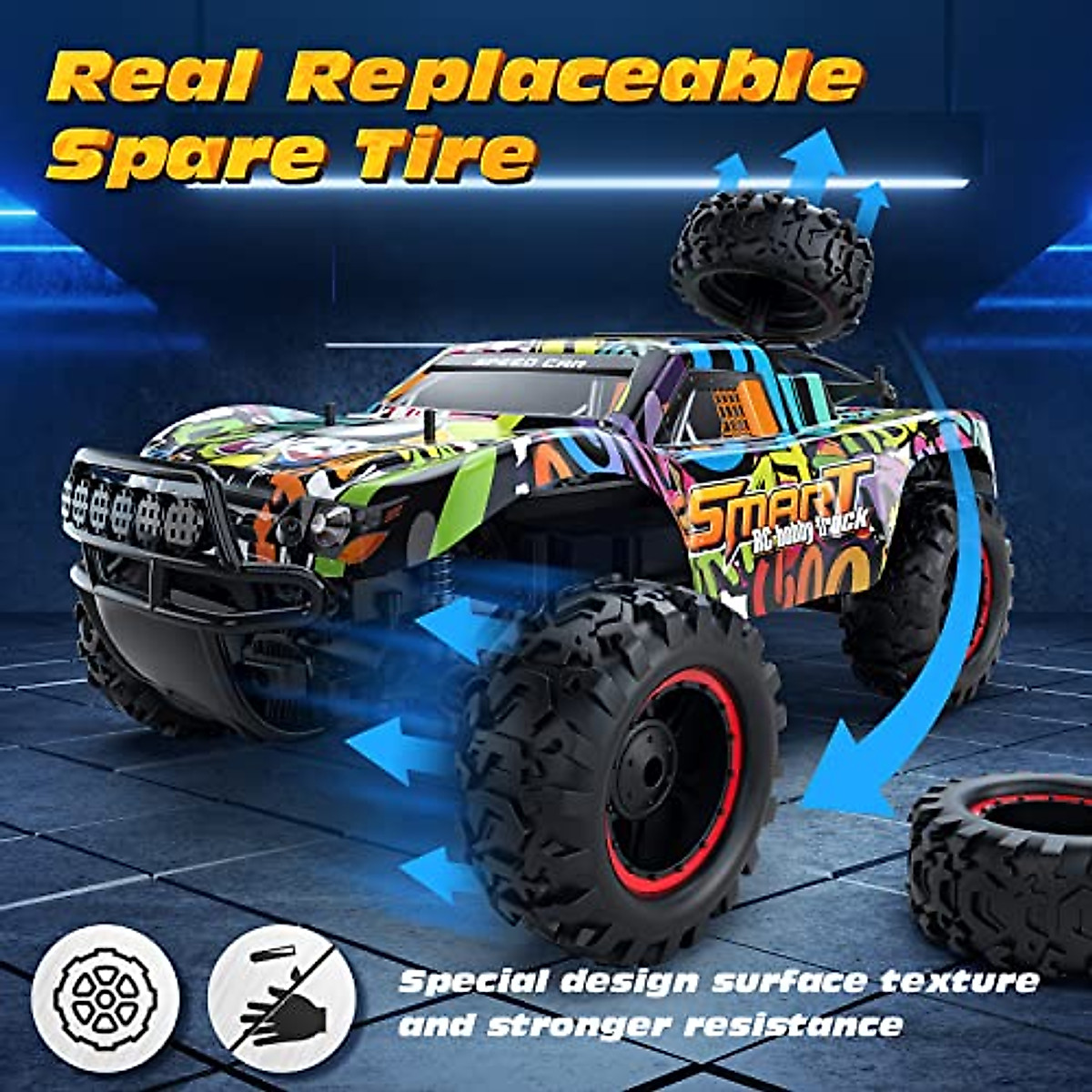O WOWZON 1:12 Scale Short-Course RC Truck Large 4WD Hobby Crawler Grade Replaceable Spare Tire All Terrains Monster Crawler 2 Rechargeable Batteries for Age 6+ Boys Kids and Adults