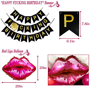 Birthday Decorations for Women Hot Pink Black and Gold, Happy Birthday Banner Black Gold Hot Pink Balloons Kit, Honeycomb Balls Party Supplies, Red Lips Balloon, Funny Birthday Decor Office Her