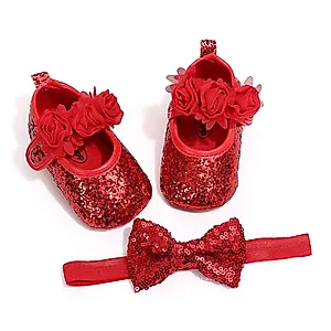 OAISNIT Baby Girl Mary Jane Flats Sparkly Soft Infant Princess Dress Crib Shoes with Headband