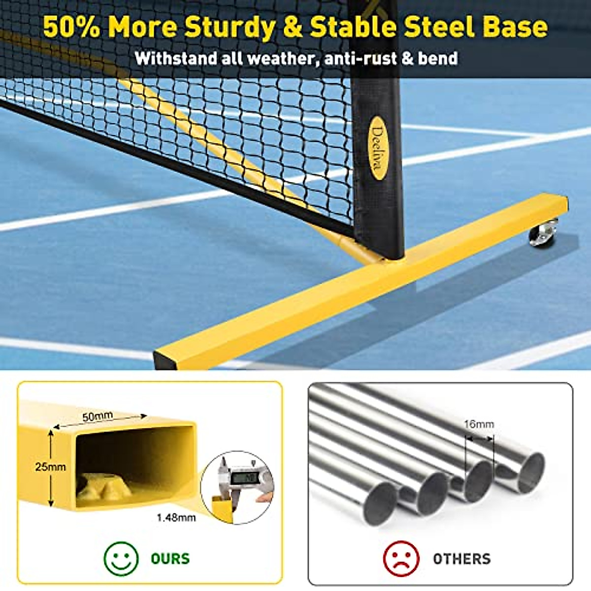 Deeliva Pickleball Set with Net Wheels for Driveway Portable Regulation Size Pickleball Net System with 4 Paddles, 6 Pickle Ball, Court Line Marker, Bag, Weather Resistant Metal Frame Outdoor Home