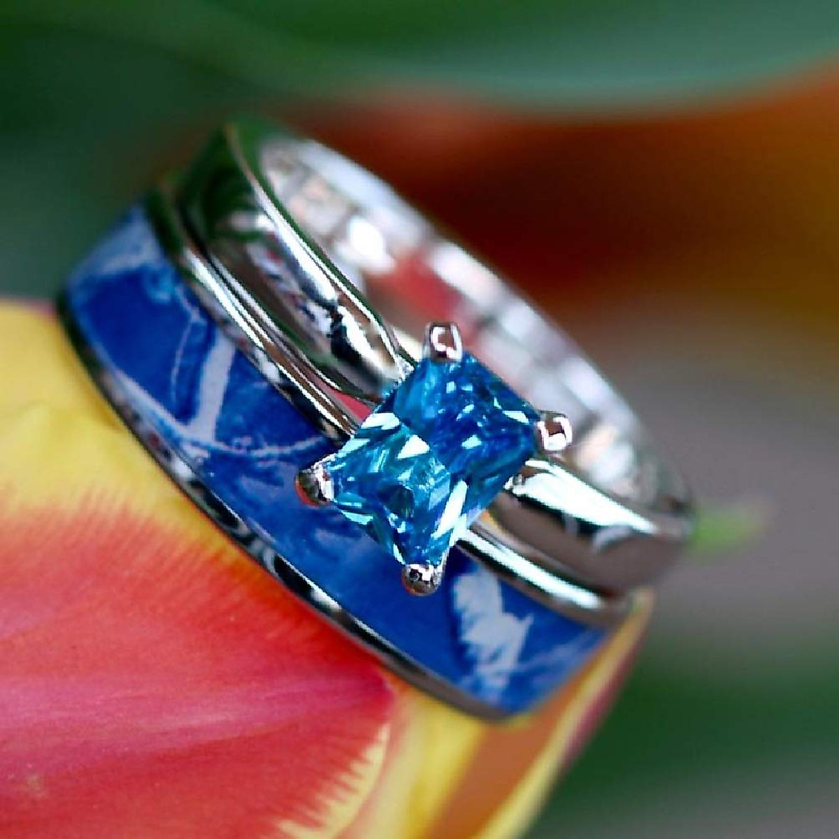 2 pc Womens Blue Camo Stainless Steel and Sterling Silver Engagement Wedding Rings Set (10)