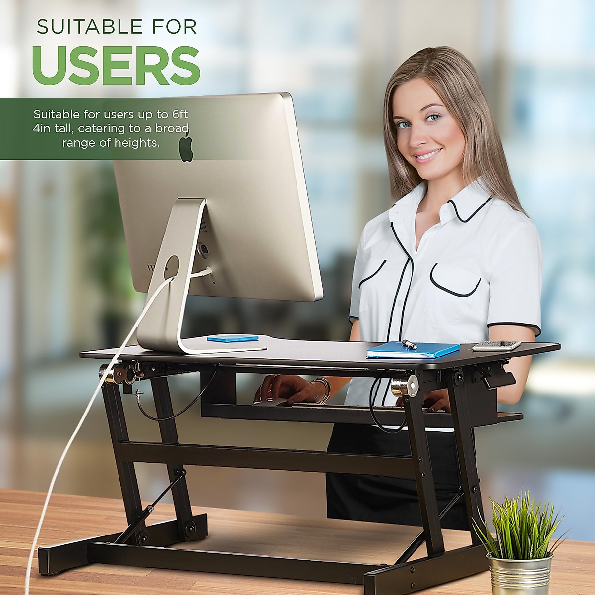 The House of Trade Standing Desk | Desk Riser Classic Stand Up Desk | 32 in Wide Fits 2 Monitors with Retractable Keyboard Tray (Black, 32" Wide)