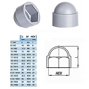 5x HEX NUT COVER CAP M4 TO M30 PROTECTION BOLT ROUND HEXAGON DOME GREY SCREW HEAD CAR PLASTIC (Diameter M12 / Hex 19mm)