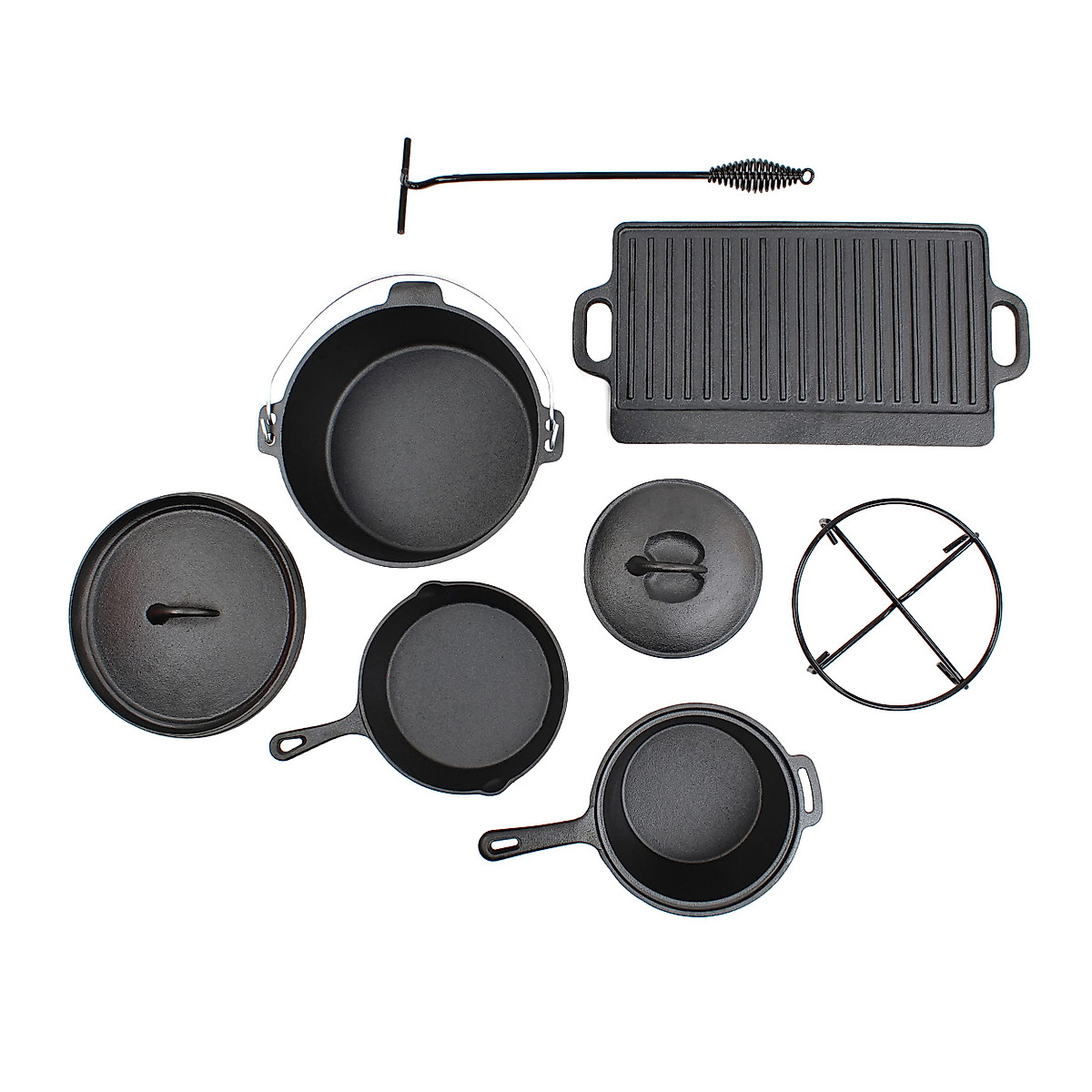 Lot45 Dutch Oven Camping Cooking Set 7pc Cookware - Cast Iron Griddle, 4.5qt Dutch Oven, Frying Pan, 2.5qt Sauce Pan