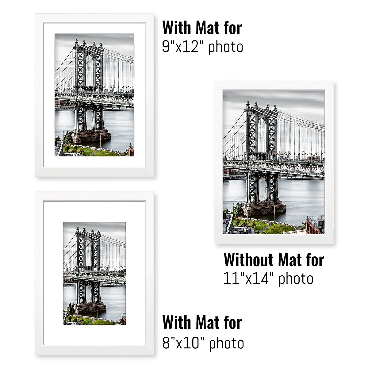 UHFWIFR 11x14 Picture Frames Solid Wood Display Pictures 9x12 or 8x10 with Mat or 11x14 Frame without Mat Poster Photo Frame Art with 2 Mats for Wall Mounting or Table Top(White)