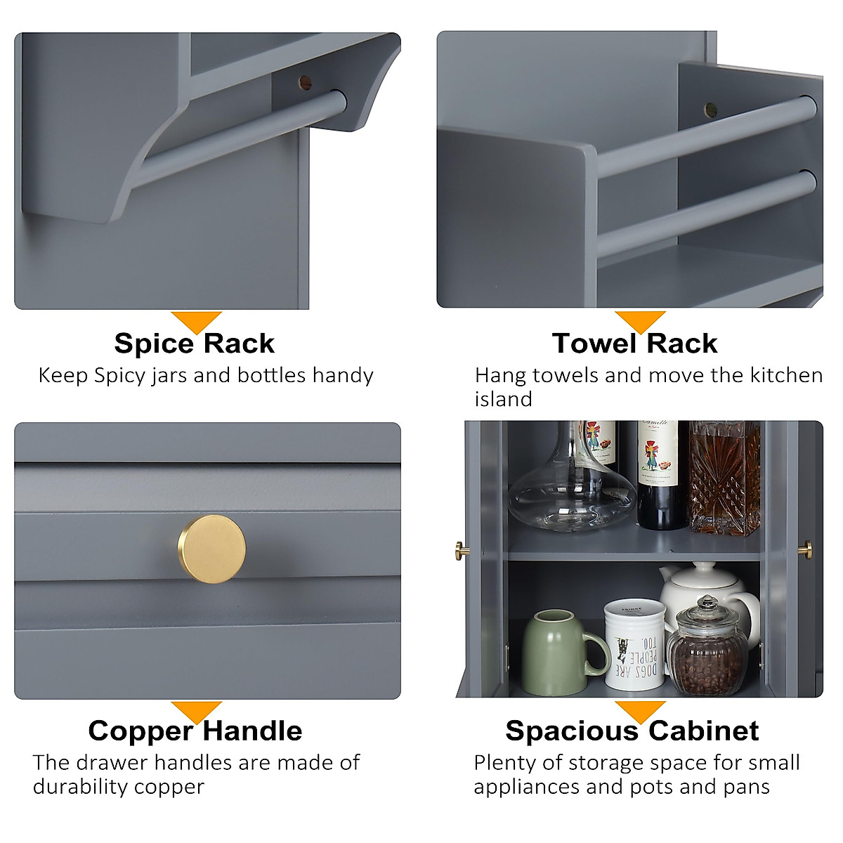 Finnhomy Rolling Kitchen Island With Drop Leaf, Thicken Rubberwood Top, Spice Rack, Towel Rack, Drawer, 43.3" Portable Mobile Kitchen Island Carts Table, Storage Cabinet, Both Wheels and Feet Included