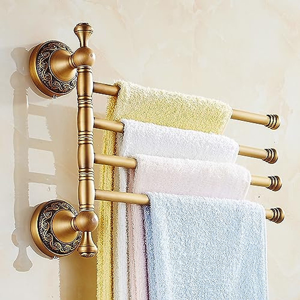Swivel Towel Rack for Bathroom, Antique Bronze Folding 4 Arms Hand Towel Bars Towel Hanger for Laundry, Wall Mount Storage Space Saving,Pattern Carving Design