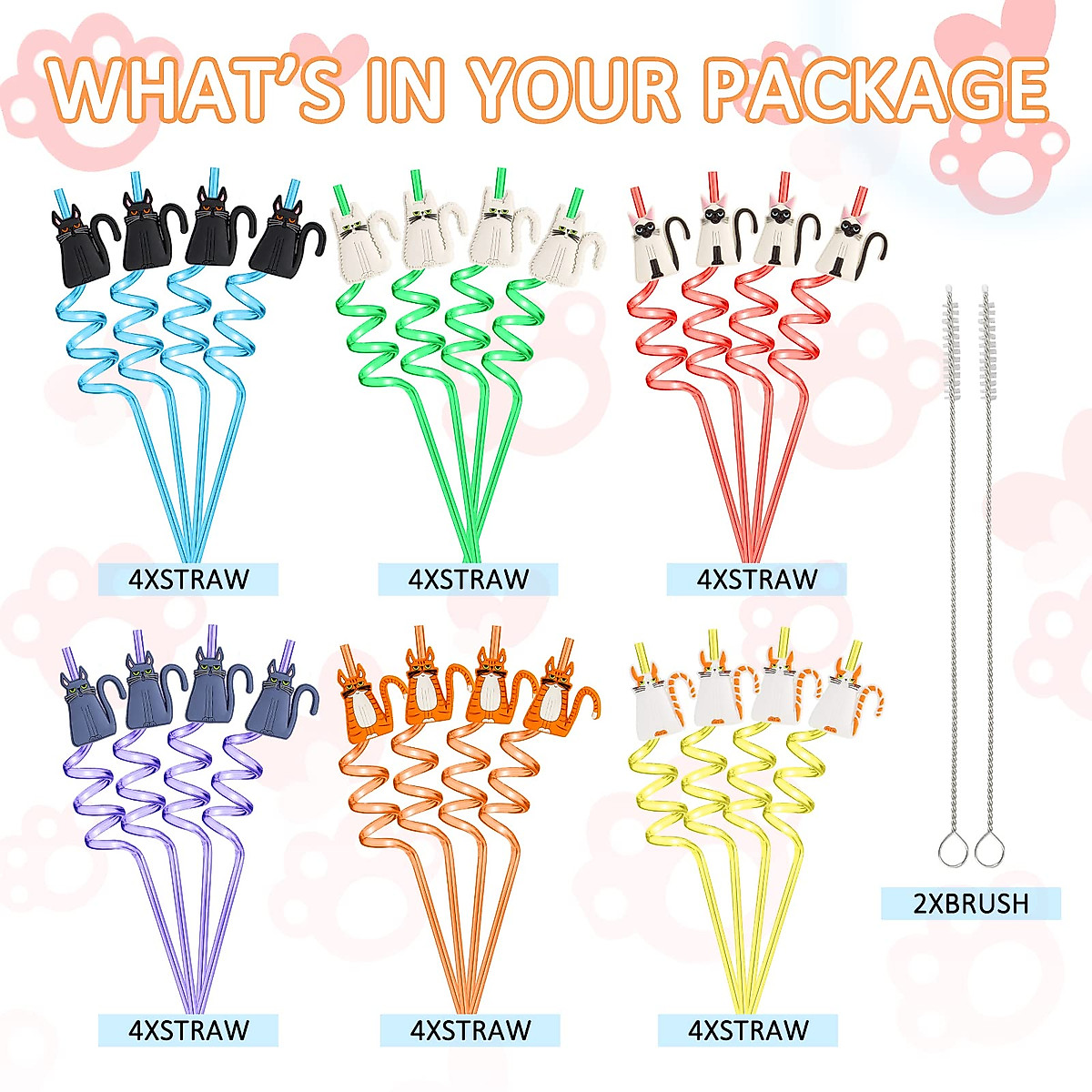 Cat Party Supplies, 24Pcs Cat Straws and 2Pcs Cleaning Brushes, Reusable Plastic Cat Straws, Cat Party Supplies Favors，Birthday Party Decorations