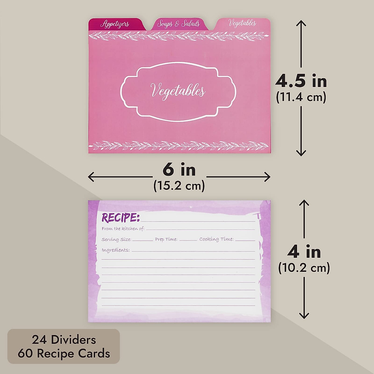 Juvale Wooden Recipe Box with Cards and 24 Dividers with Meat, Veggie, Dessert Tabs (7x5x5 in)