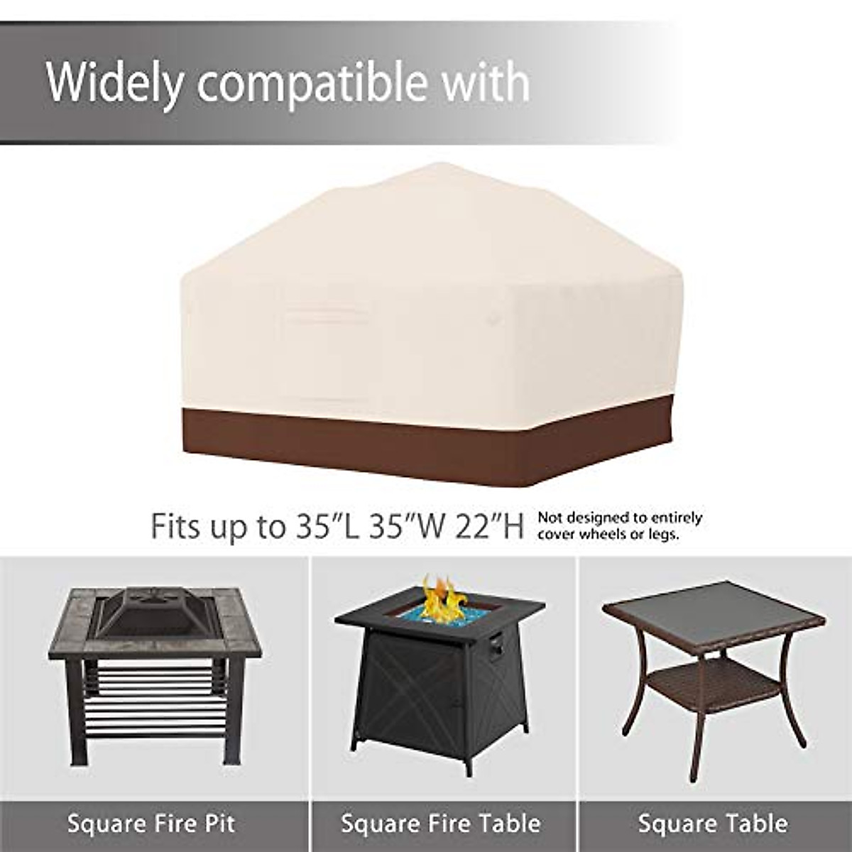 Tuyeho Patio Square Fire Pit Cover 36 x 36 x 22 inch, 600D Heavy Duty Outdoor Fire Table Cover, Waterproof & Weather Resistant for Your Fire Bowl (Beige & Brown)