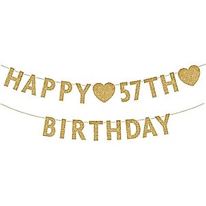 Gold Happy 57th Birthday Banner, Glitter 57 Years Old Woman or Man Party Decorations, Supplies