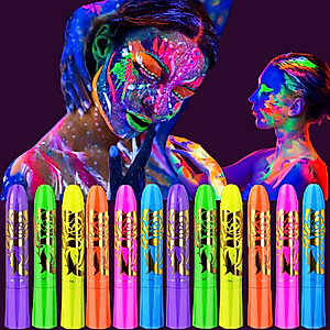 12 Pieces Glow Body Face Paint,Neon Glow In The Black Light Face Painting Kits Makeup for Kids Adult Halloween and Parties