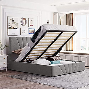 DNYN Queen Size Upholstered Platform Bed with Storage for Kids,Teen,Adults,Study Bedframe w/Wooden Slat Support,No Box Spring Needed & Easy Assembly, Gray