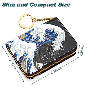 Nipichsha Credit Card Holder, Small RFID Card Wallet for Women, Slim Leather Card Holder Wallet, Credit Card Wallet Organizer, Pocket Business Card Case with Zipper & Keychain, Japanese Wave