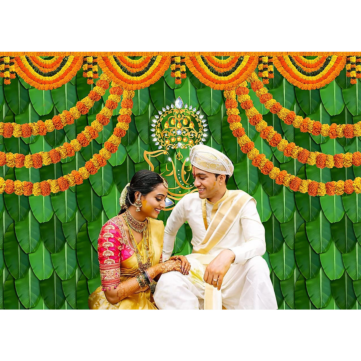 India Pooja Traditional Backdrop for Photography Marigold Green Banana Leaf Chatiya Ganesh Traditional Festival Background Puja Ganpati Wedding Party Decorations Photo Props (7x5FT)