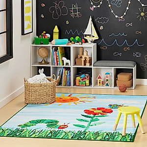 Eric Carle Home Dynamix The Very Hungry Caterpillar Elementary Sun Scene Kids Machine Washable Area Rug, Blue/Green, 35"x51"