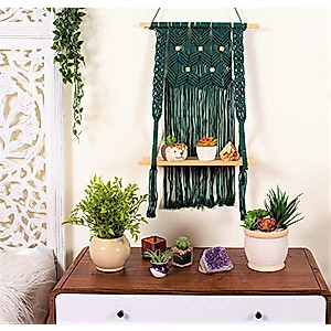 Macrame Wall Hanging Shelf-ideal décor-plants storage bookshelf-Bohemian Decorative Shelves-Boho Floating Indoor Shelving–For bedroom kitchen bathroom room with window Plant hanger-shelfs. Green