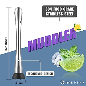 Wepikk Cocktail Muddler Stainless Steel 8.7 Inch Fruit Ice Crusher Bar Tools Bartender Set 1 Pcs for Mojito Mint and Other Fruit Based Drinks