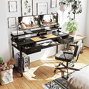 ODK Computer Desk Study Table, 55 Inch Office Desk with Drawers and Keyboard Tray, Study Desk Work Desk with Monitor Shelf, Writing Desk with Storage for Home Office, Black