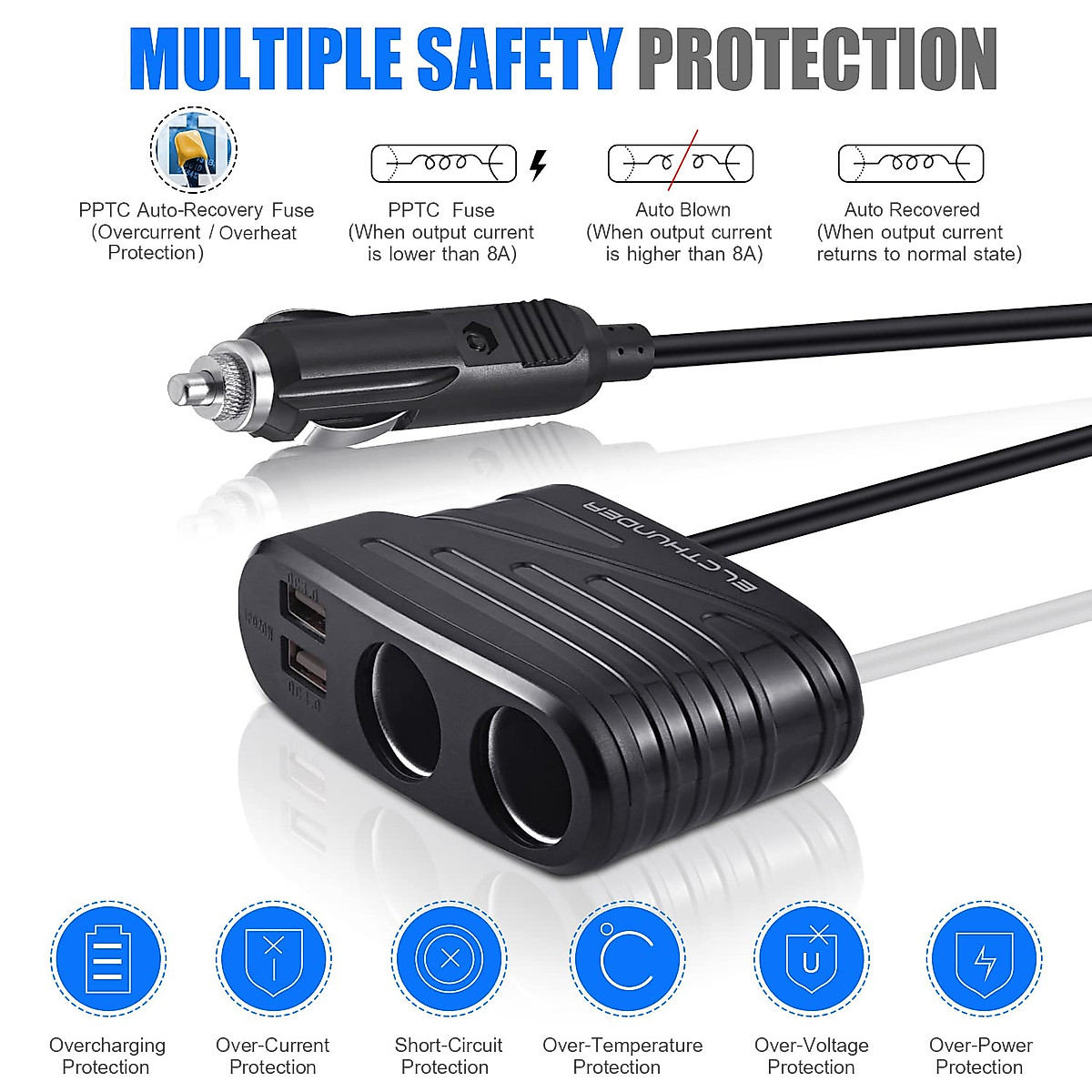 ELCTHUNDER Quick Charge 3.0 Cigarette Lighter Splitter, 2-Socket Car Charger with 27 Inches Extension Cable, 120W 12V/24V Car Charge Splitter with PD 20W Type-C Port for Phone GPS Dashcam