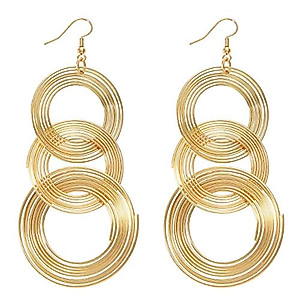 Women Gold Plated Long 70s Disco Earrings hoop round 3 circles Multi-layer drop big alloy geometric party wear Earring (disco earrings Gold)