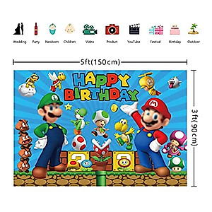 Super Brother Cartoon Backdrop Gold Coin Video Game Background Mushroom Blue Happy Birthday Backdrop for Kids Baby Shower Party Supplies Cake Table Banner Photo Booth Studio Props 5X3FT