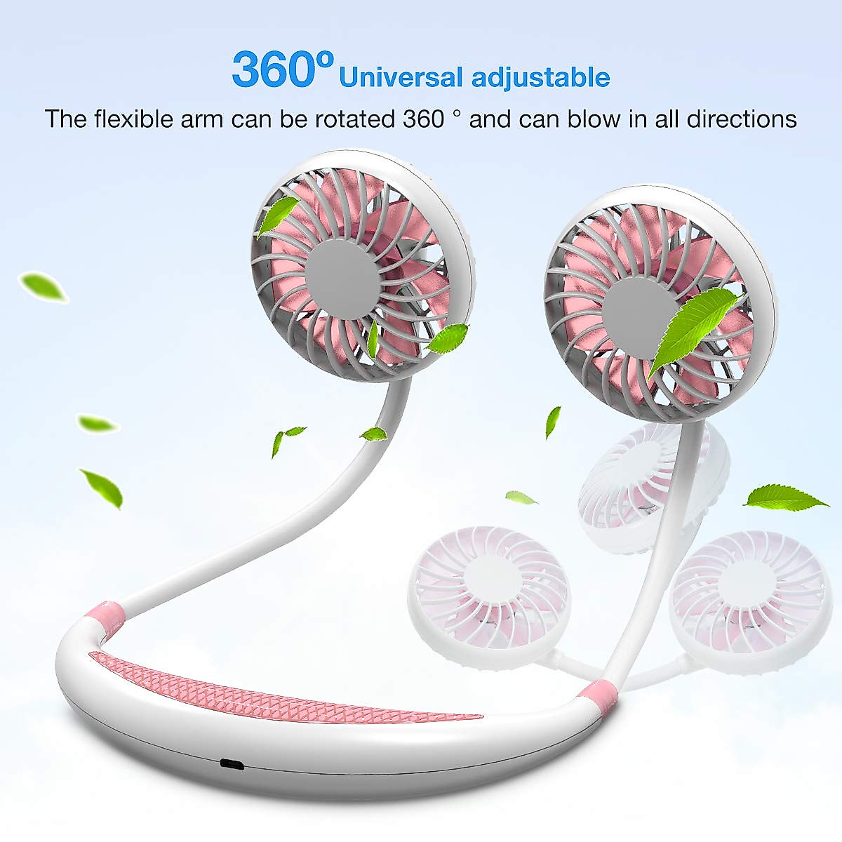 GIM Portable Hanging Neck Fan, 2000mah 3.5-9.5 Hours USB Rechargeable Personal Fan with 3 Level Air Flow 7 LED lights for Home, Office, Travel,Indoor, Outdoor (White&Pink)