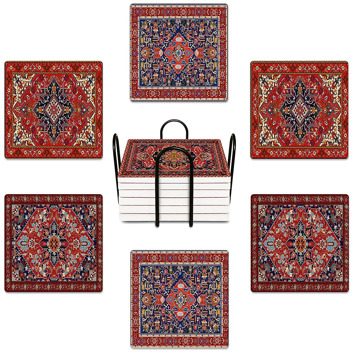 Bribay Coasters for Drinks Set of 6, Tribal Turkish Geometric Pattern Absorbent Square Ceramic Stone Mat, with Cork Base and Metal Holder, Gift for Housewarming Room Bar Decor