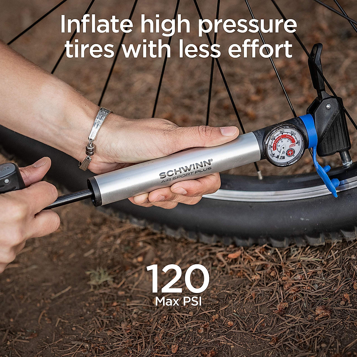 Schwinn Air Sport Plus, Bike Frame Hand Pump with Rotating Pump Head, Pressure Gauge, Pumps 120 Max PSI, Dual Head Fits Schrader and Presta Valve Types, Silver