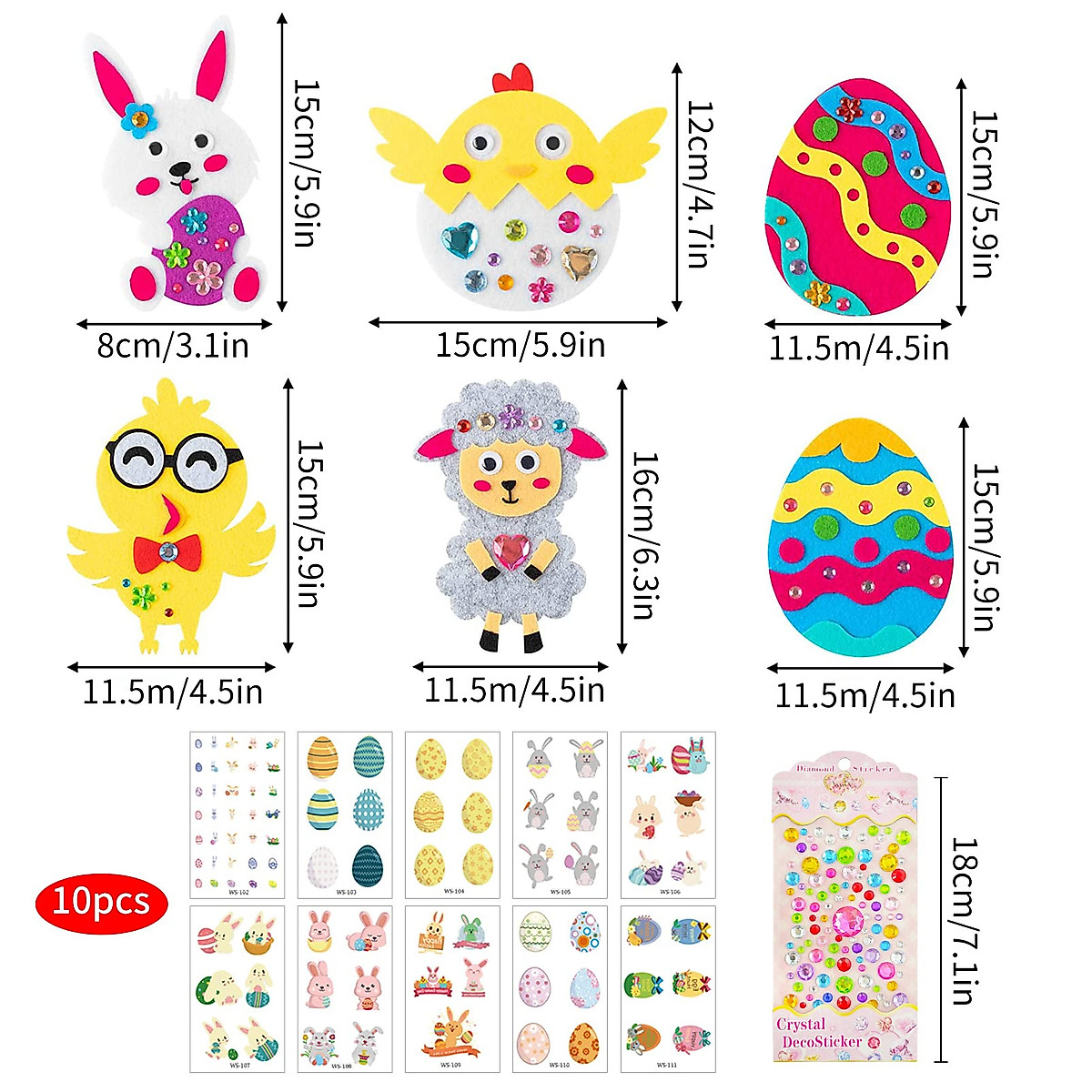 mengooo Easter Craft Kits for Kids,6 Pieces DIY Rabbit Felt Craft Ornaments,Easter Spring Party Decorations,Felt for Kids Wall,DIY Decals Art Ornaments Gift for Kids Window Scrapbook