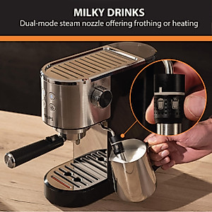 KRUPS: Divine Stainless Steel Espresso Machine with Tamper 2 cups at once, Cup Warmer, Espresso Machine with Milk Frother, Easy to Eject Grounds, 1350 Watts, Cappuccino, Latte, Americano, Silver