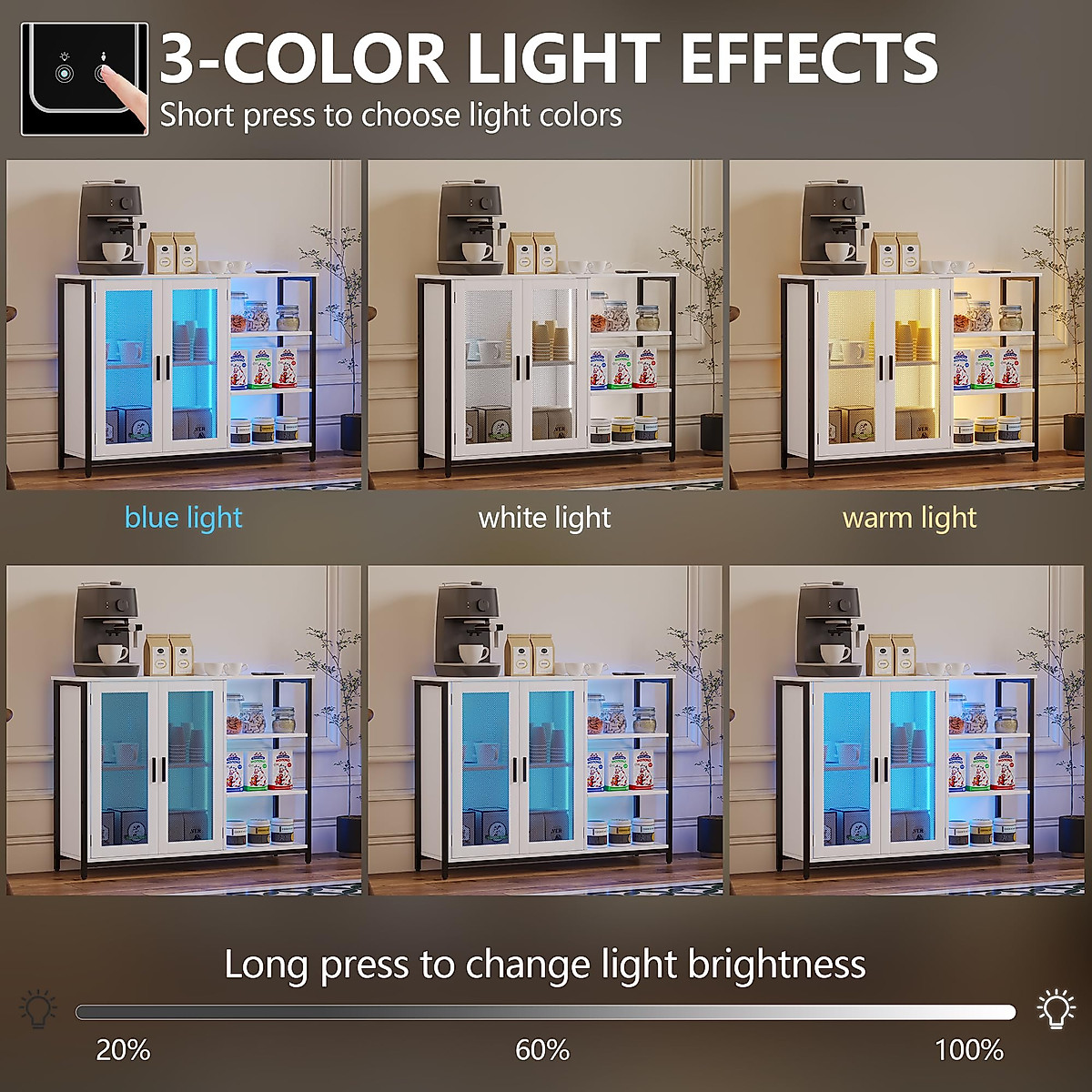 LVSOMT LED Farmhouse Coffee Bar Cabinet, Wine Cabinets with Removable Wine Rack, Buffet Cabinet with Motion Sensor for Kitchen, Dining Room (Pure White-43.3''L)