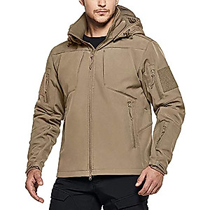 CQR Men's Winter Tactical Military Jackets, Lightweight Water Resistant Fleece Lined Softshell Hunting Jacket w Hoodie, Operator Multipocket Coyote, XX-Large