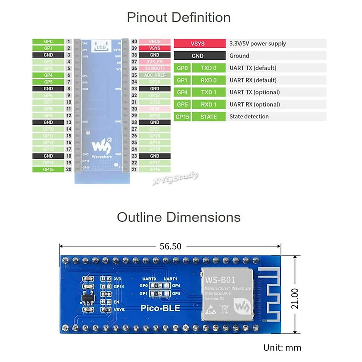 Dual-Mode Bluetooth Module for Raspberry Pi Pico, SPP / BLE, Bluetooth 5.1 Wireless @XYGStudy (Pico-BLE)