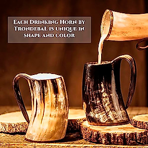 Trondebal Viking Drinking Horn Mug, 15-20 Oz Natural Ox Horn Cup & Cofee Stein | Cool Unique Gift for Men and Women, Home Decor Accessories | Shot Glasses for Beer, Ale, Mead, Whiskey