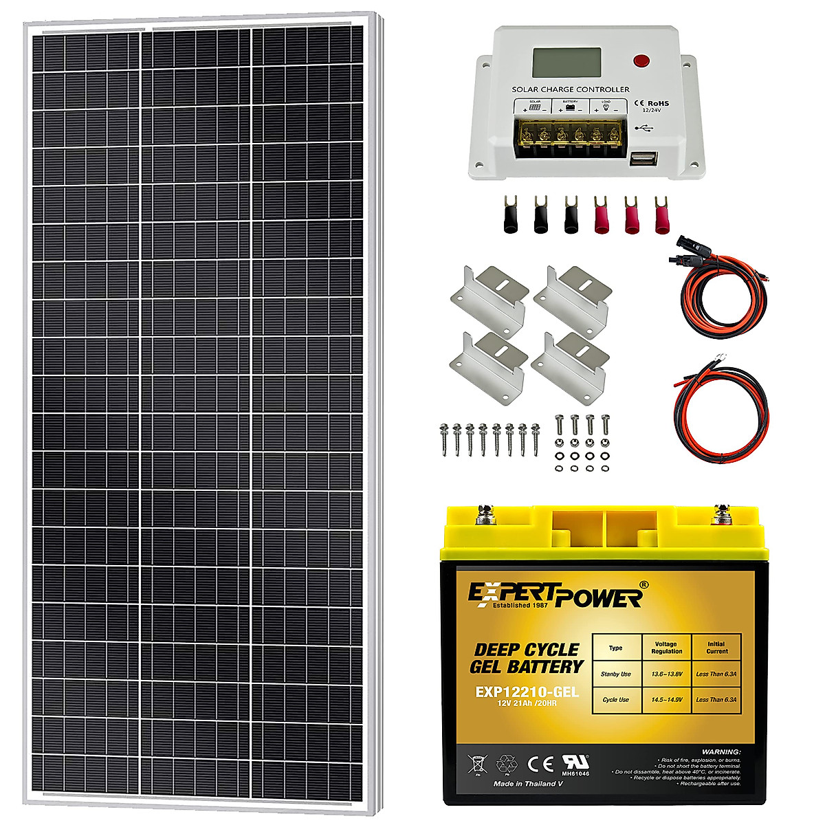 ExpertPower 100W 12V Solar Power Kit with Battery : 100W 12V Solar Panel + 10A Charge Controller + 21Ah Gel Battery