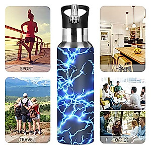 Kigai Blue Lightning Stainless Steel Sports Water Bottle BPA-Free Vacuum Insulated Leakproof Wide Mouth Flask with Straw Lid Keeps Liquids Cold or Hot for Gym Travel Camping