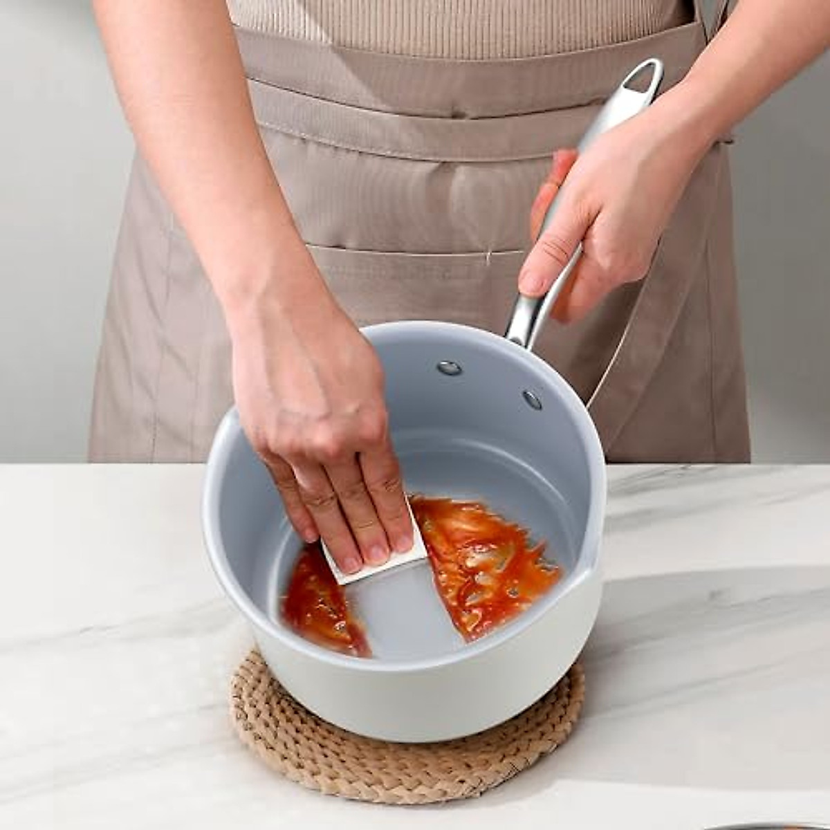 Fracoda 2 Quart Nonstick Sauce Pan with Lid, Ceramic Saucepan Small Cooking Pot Non Toxic, PTFE & PFOA Free - Oven Safe & Compatible with All Stovetops (Gas, Electric & Induction)-Cream