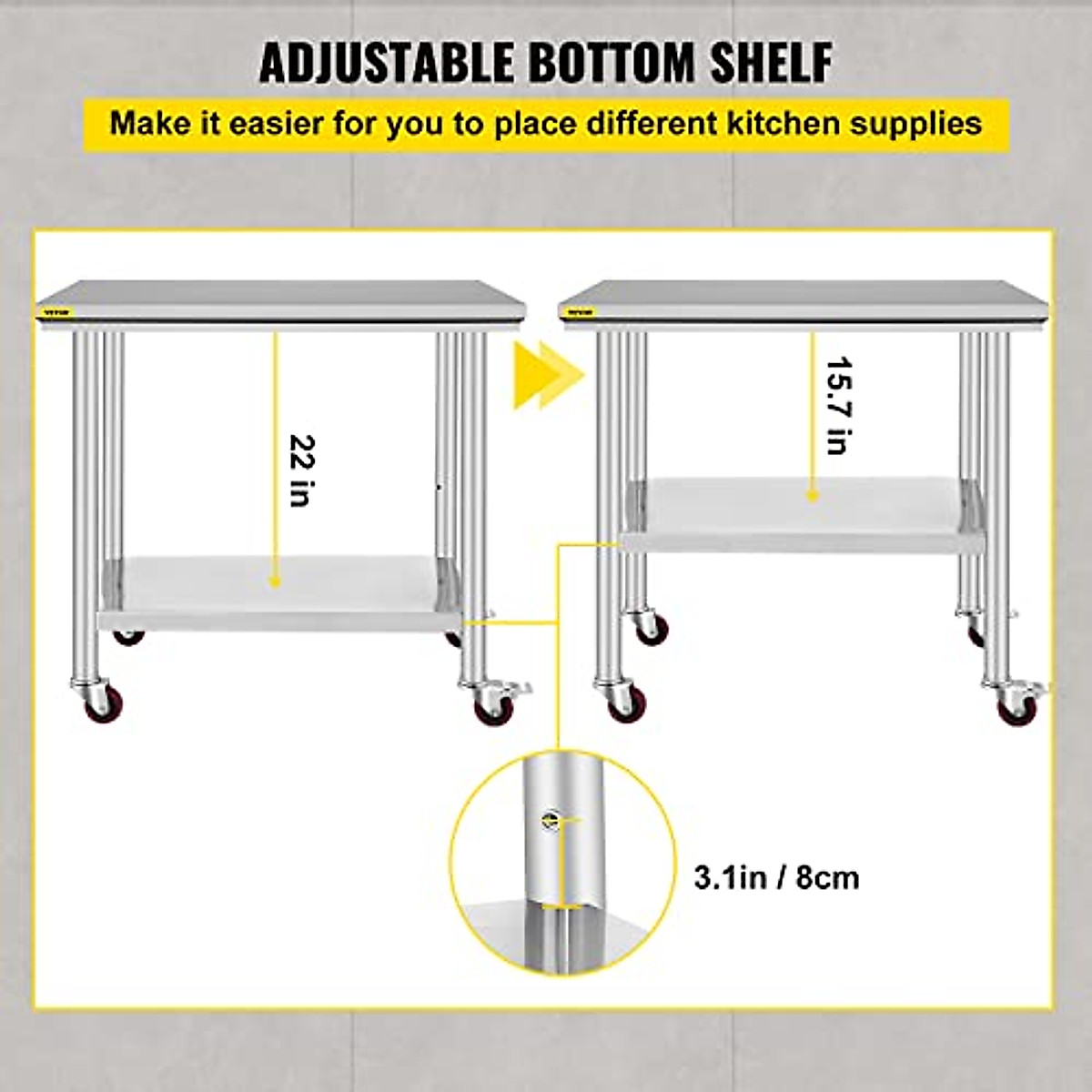 Mophorn Stainless Steel Work Table 36x24 Inch with 4 Wheels Commercial Food Prep Worktable with Casters Heavy Duty Work Table for Commercial Kitchen Restaurant