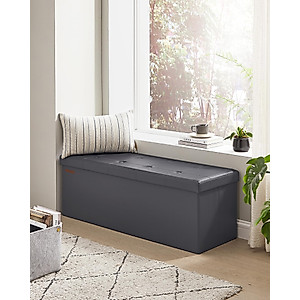 SONGMICS 43 Inches Folding Storage Ottoman Bench, Storage Chest, Footrest, Coffee Table, Padded Seat, Faux Leather, Holds up to 660 lb, Dark Gray ULSF070G01