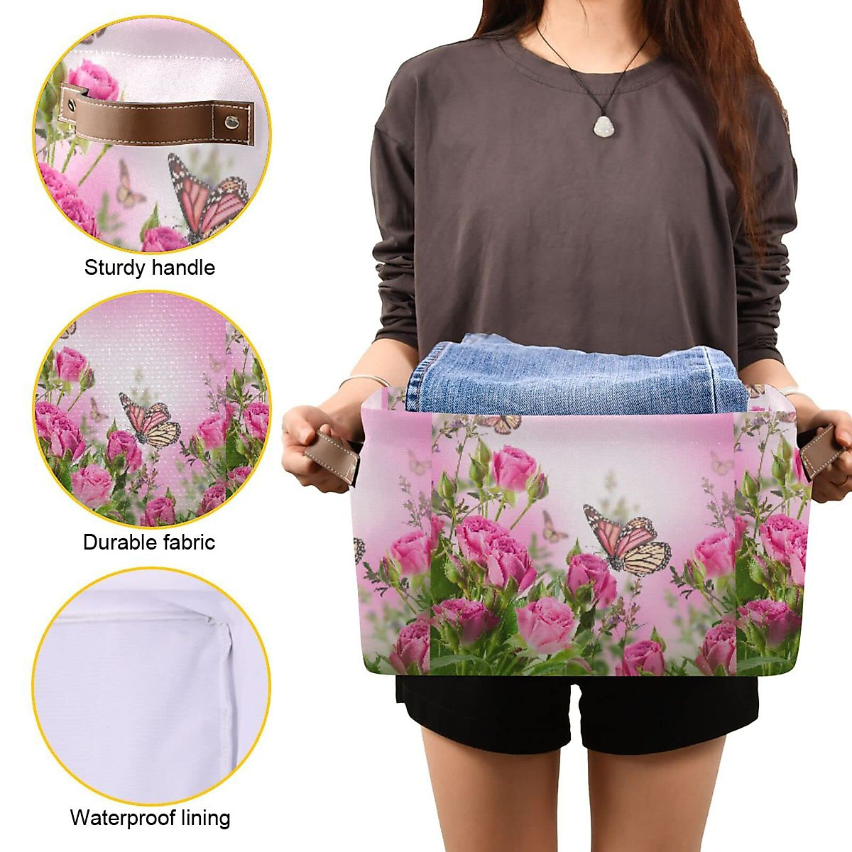 ALAZA Pink Rose Floral Butterfly Foldable Storage Box Storage Basket Organizer Bins with Handles for Shelf Closet Living Room Bedroom Home Office 1 Pack