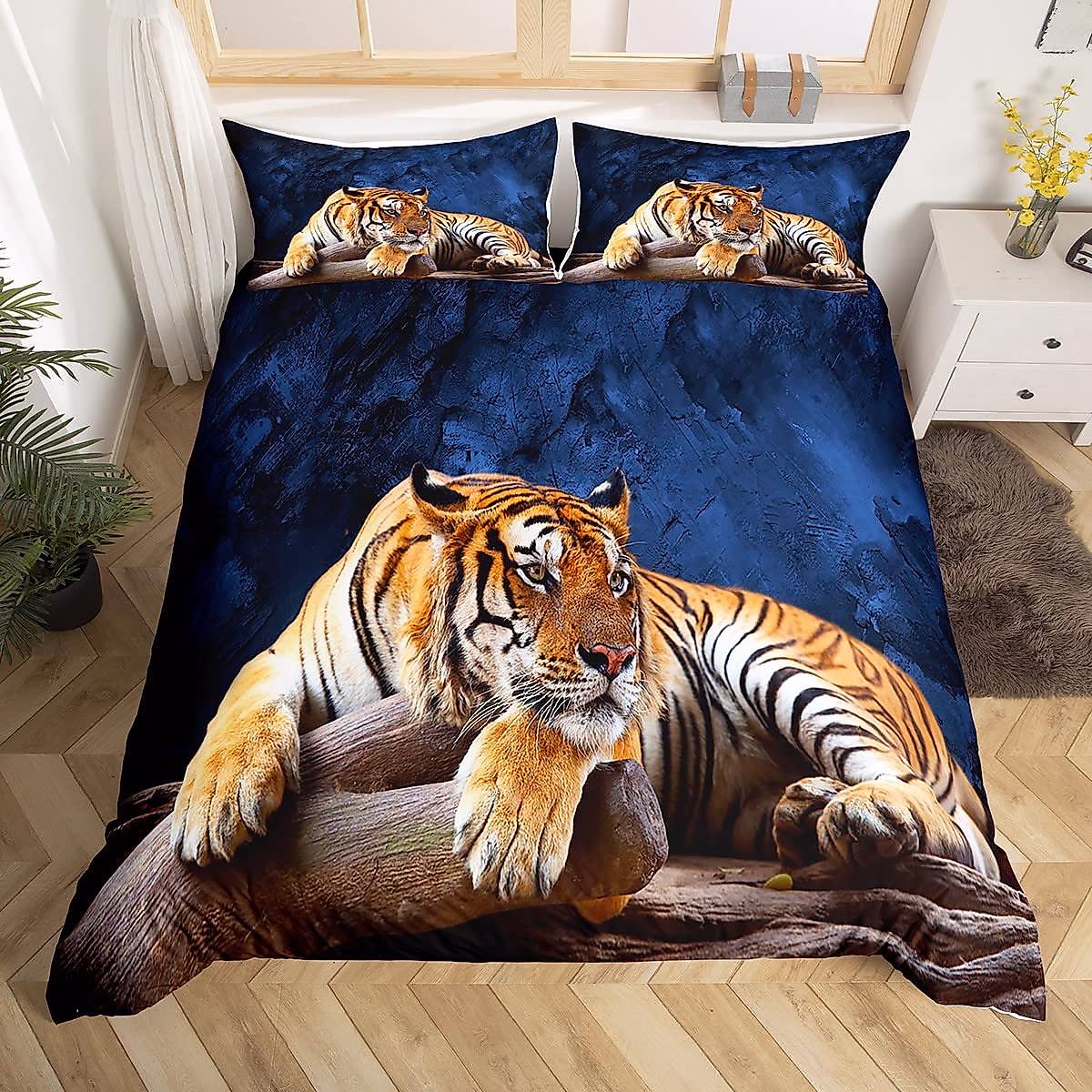 Homewish Tiger Comforter Cover Set 3D Tiger Lying on The Stump Pattern Duvet Cover with Zipper Ties Wild Animal Theme Bedding Set for Kids Boys Teens (1 Duvet Cover + 2 Pillow Cases) Full Size