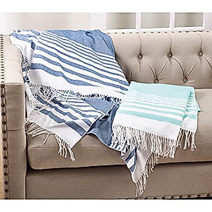 SARO LIFESTYLE Sevan Collection Stripe Pattern Fringe Hem Lightweight Throw Blanket, 50" x 60", Navy Blue