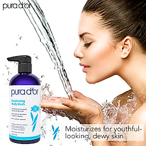 PURA D'OR Awakening Body Wash (16oz) with Aloe Vera, Chamomile, Lavender, Tea Tree and Natural Nutrients - pH Balanced for Moisturized Soft, Fresh-Feeling Skin, All Skin Types, Men & Women