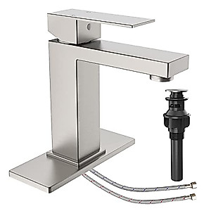 Homfan Brushed Nickel Bathroom Sink Faucet for 1 or 3 Holes with Pop Up Drain Stopper & Water Supply Hoses No-Lead Modern Single Handle Bathroom Faucet (Deck Plate Included)