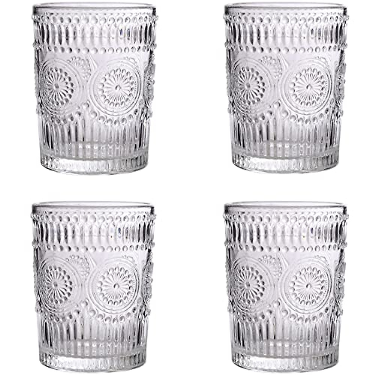 Amzcku Vintage Drinking Glass Set of 4, 10 oz - For Cocktails, Mixed Drinks, Whiskey, Beverage, Water, Milk and Juice…