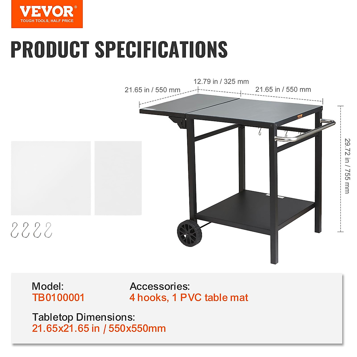 VEVOR Outdoor Grill Dining Cart with Double-Shelf, BBQ Movable Food Prep Table, Multifunctional Foldable Iron Table Top, Portable Modular Carts for Pizza Oven, Worktable with 2 Wheels, Carry Handle