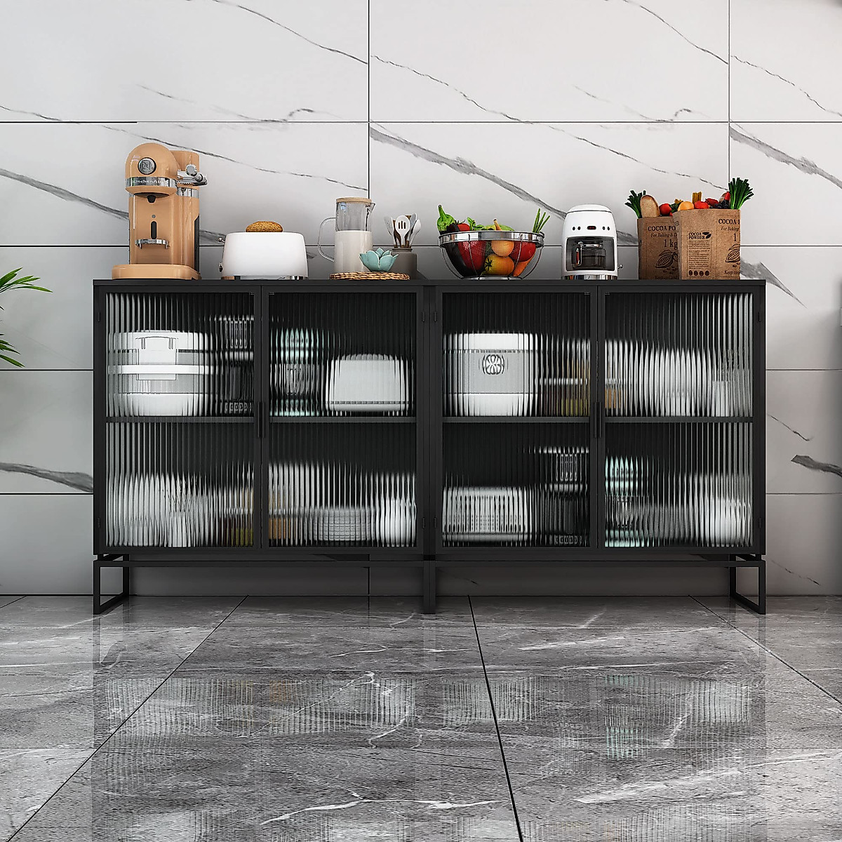 QEIUZON Modern Sideboard Buffet Cabinet, Glass Accent Storage Cabinet Kitchen Console Table TV Stand for Living Room, Dining Room, Bedroom (Black-2 Packs)