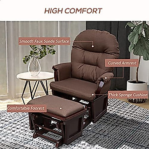HOMCOM Nursery Glider Rocking Chair with Ottoman, Thick Padded Cushion Seating and Wood Base, Brown