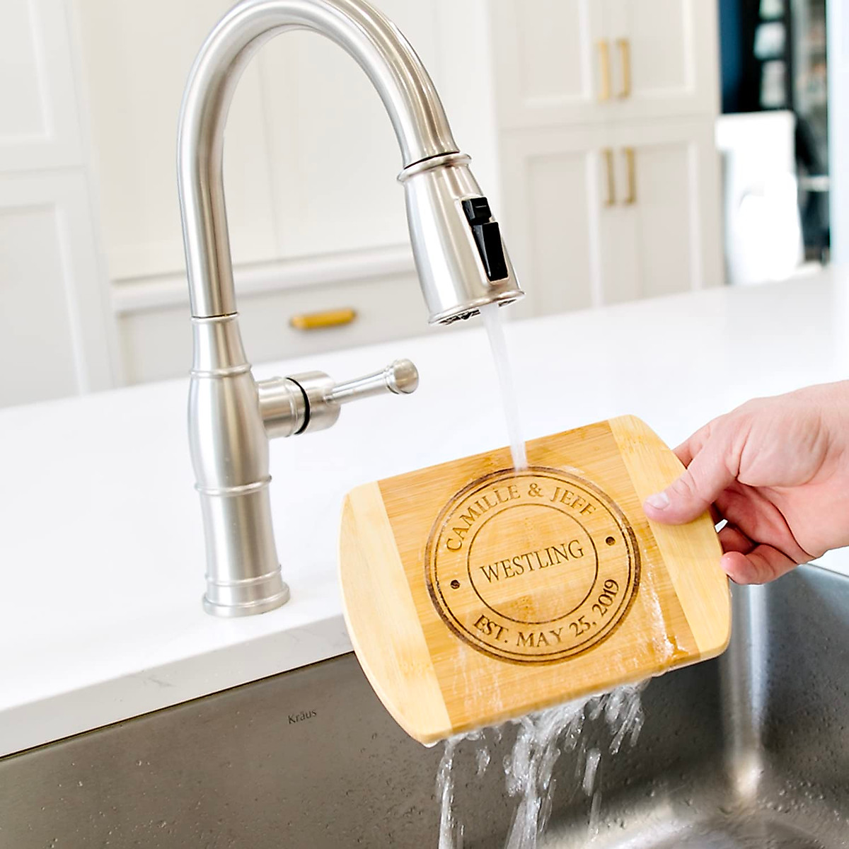 Personalized Wedding Gift for Couples - Engraved Bamboo Cutting Board - Engagement Gifts or Bride to Be Gifts - Mr & Mrs Gift (6x8 Two Tone Rounded, Harrison Design)